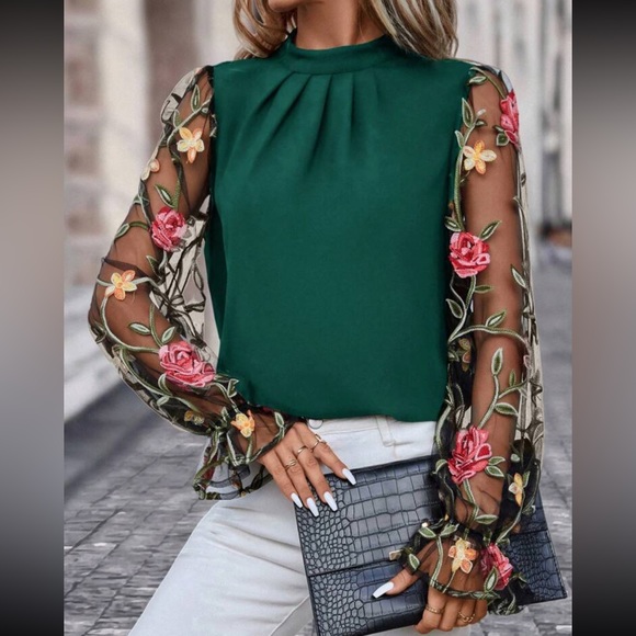 Tops | Luxe Floral Embroidered Mesh Sleeve Blouse | Poshmark